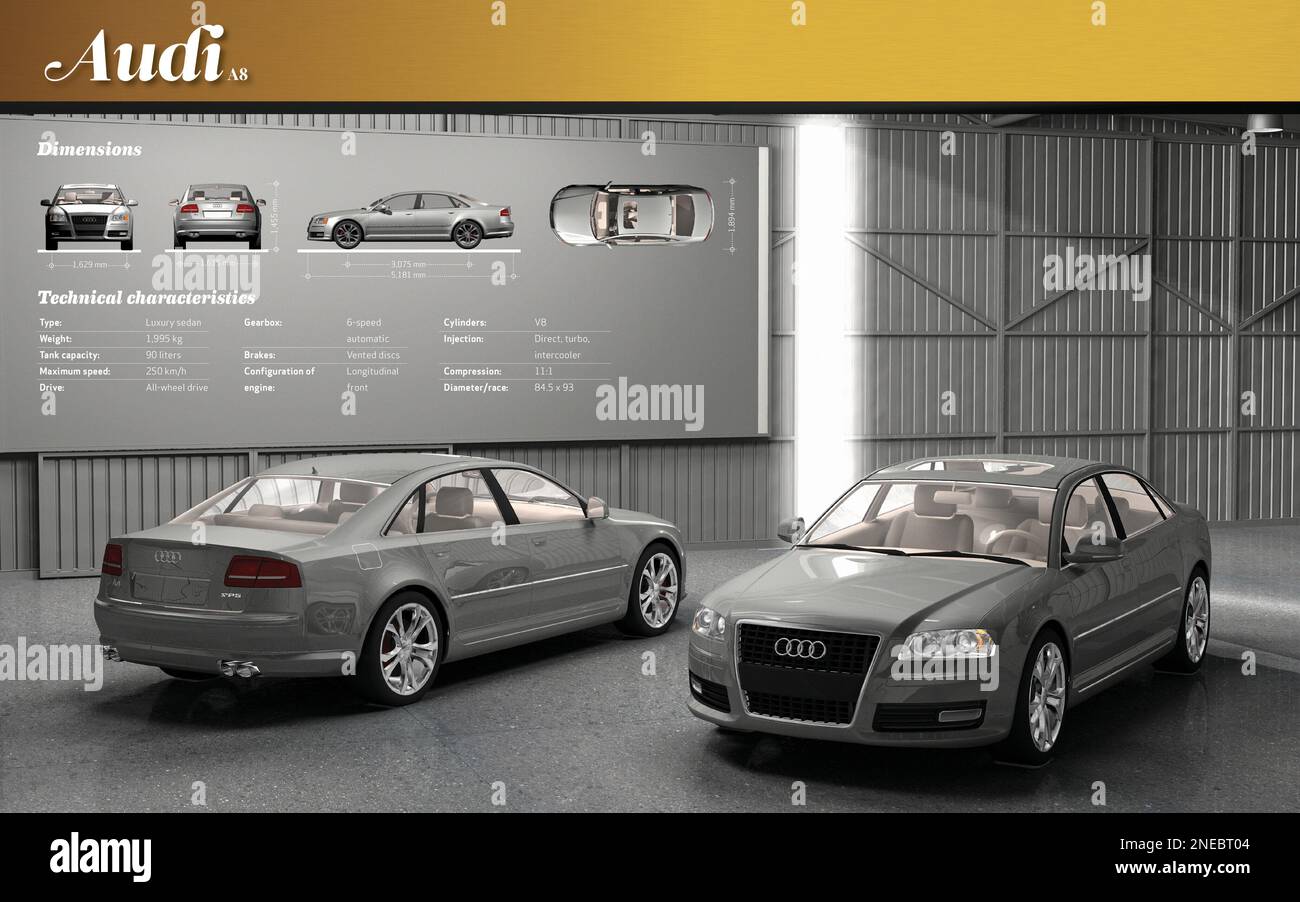 Infographic about the technical characteristics of the Audi A8 luxury ...