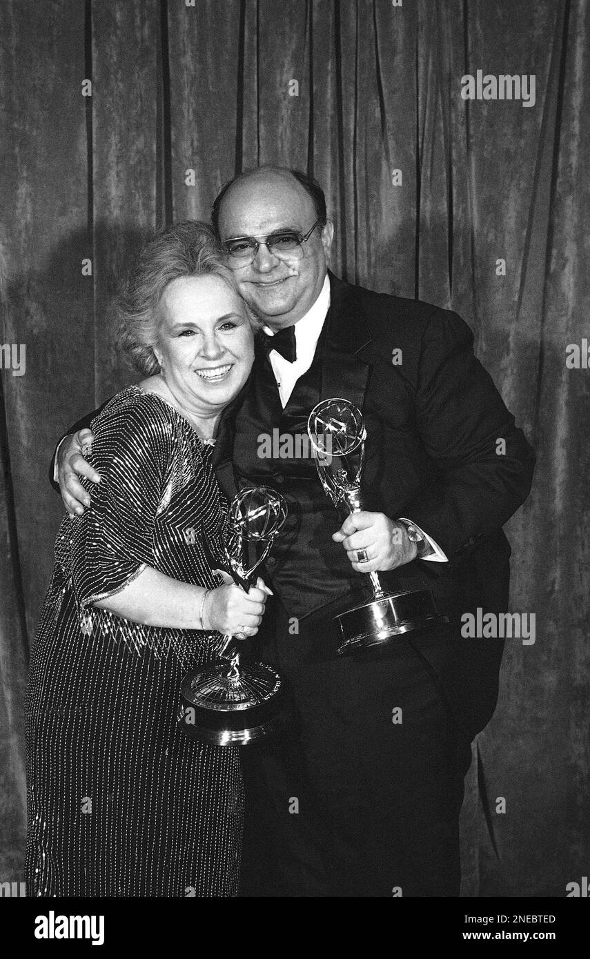 Doris Roberts and James Coco proudly hold up the Emmys they received as ...