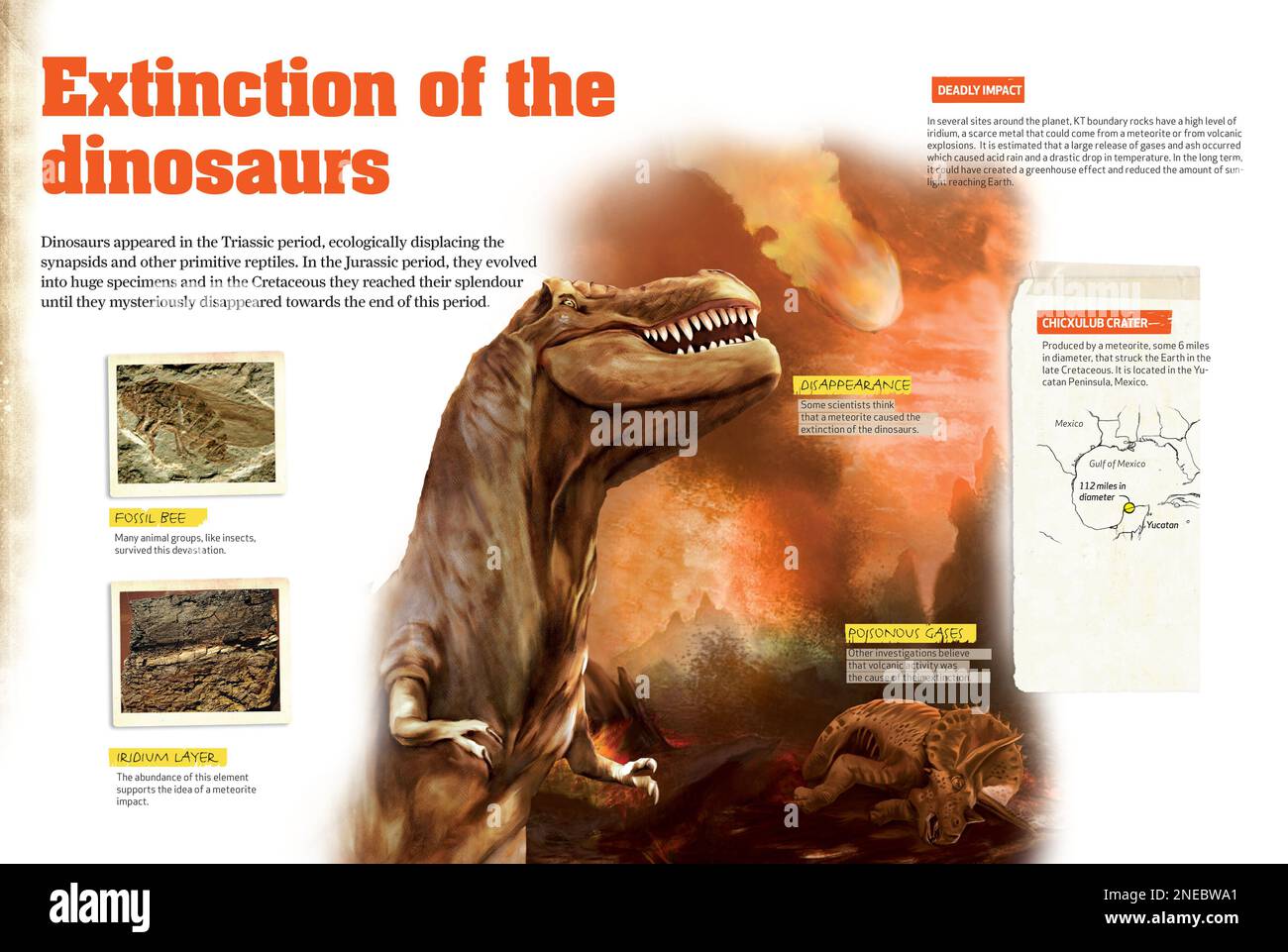 Infographics about the extinction of the dinosaurs that posits two hypotheses: the impact of a ...