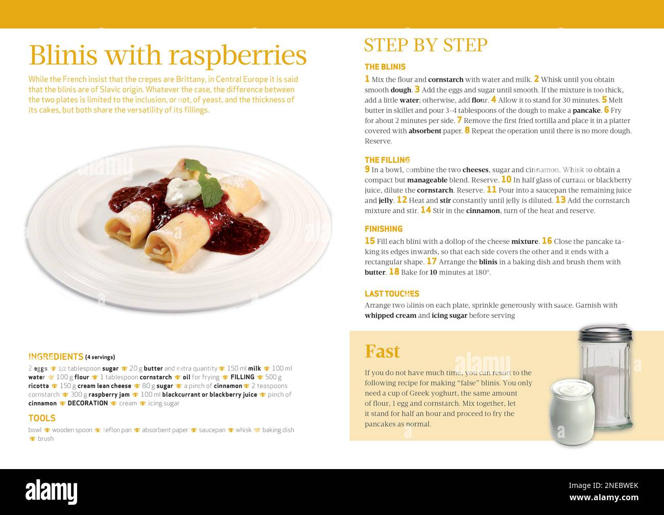 Recipe for making blinis with raspberries, a Slavic dessert consisting ...
