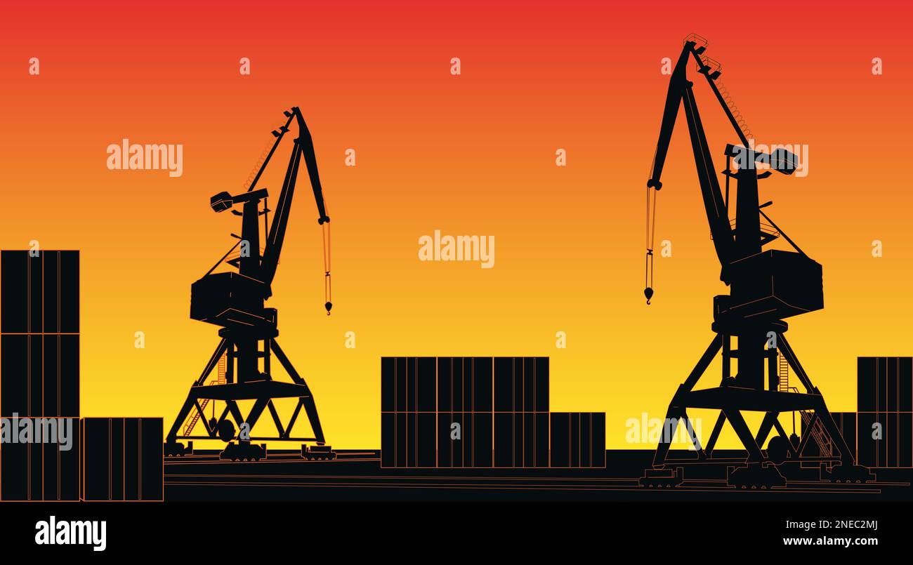 Silhouette commercial port with containers and cargo cranes on ...