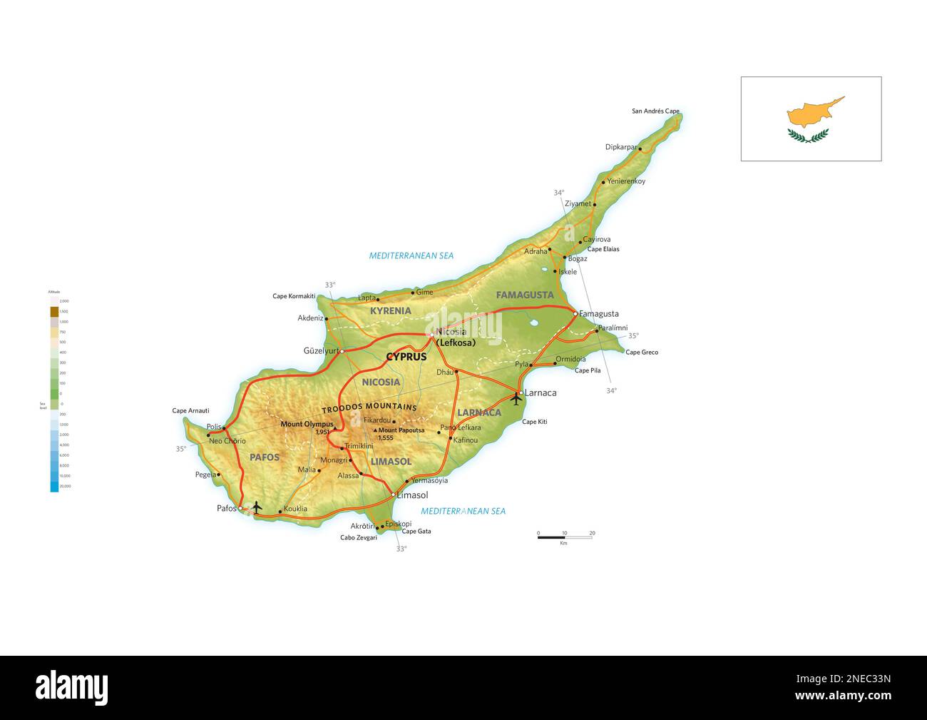 Physical and political map of Cyprus. [Adobe Illustrator (.ai ...