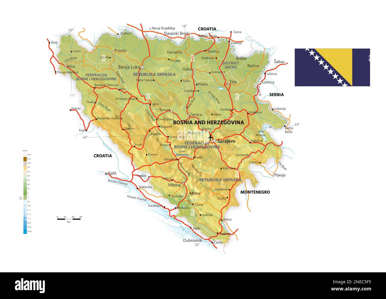 Physical and political map of Bosnia and Herzegovina. [Adobe ...