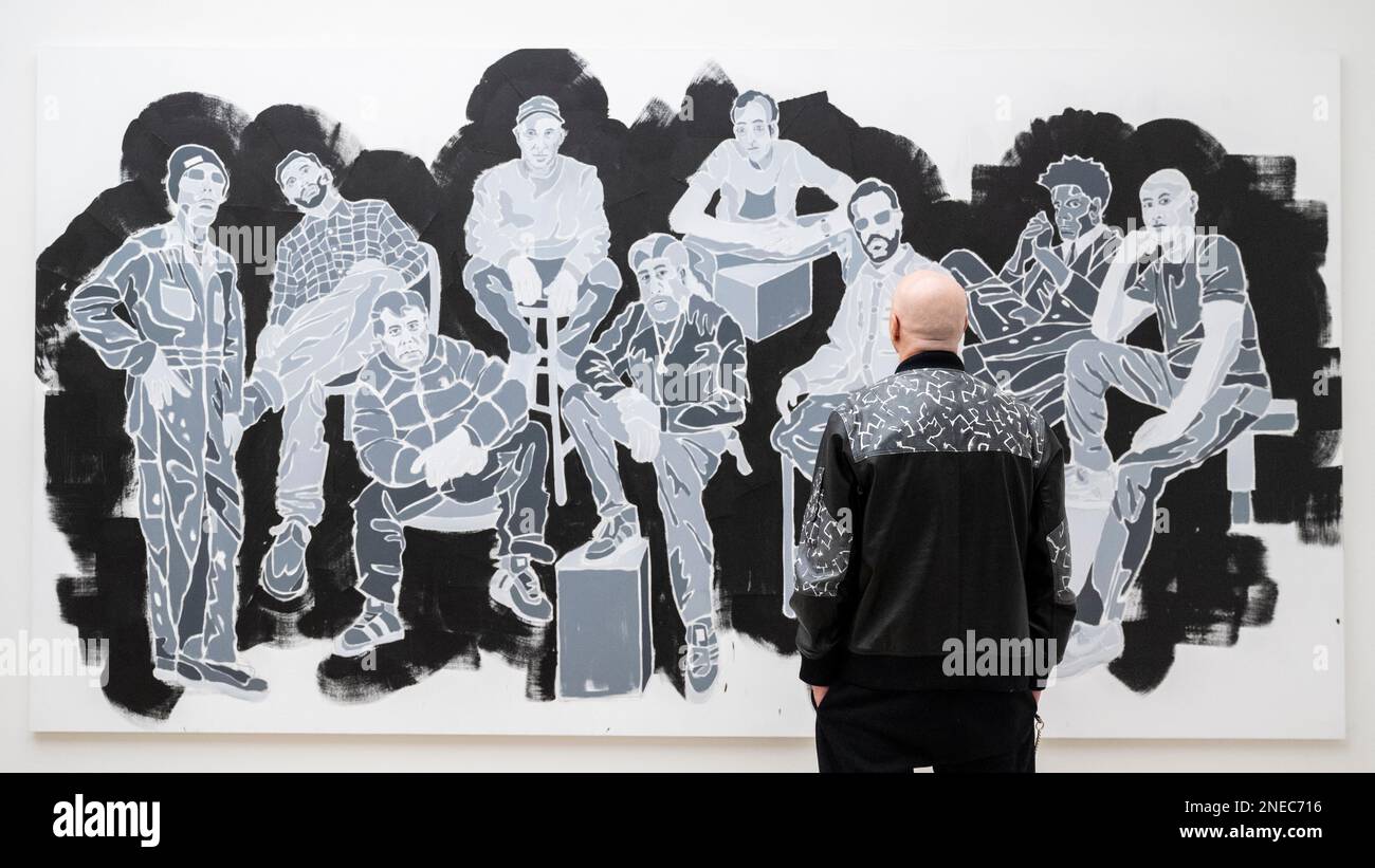 London, UK. 16 February 2023. Eric Haze with his work 'Burghers of New ...
