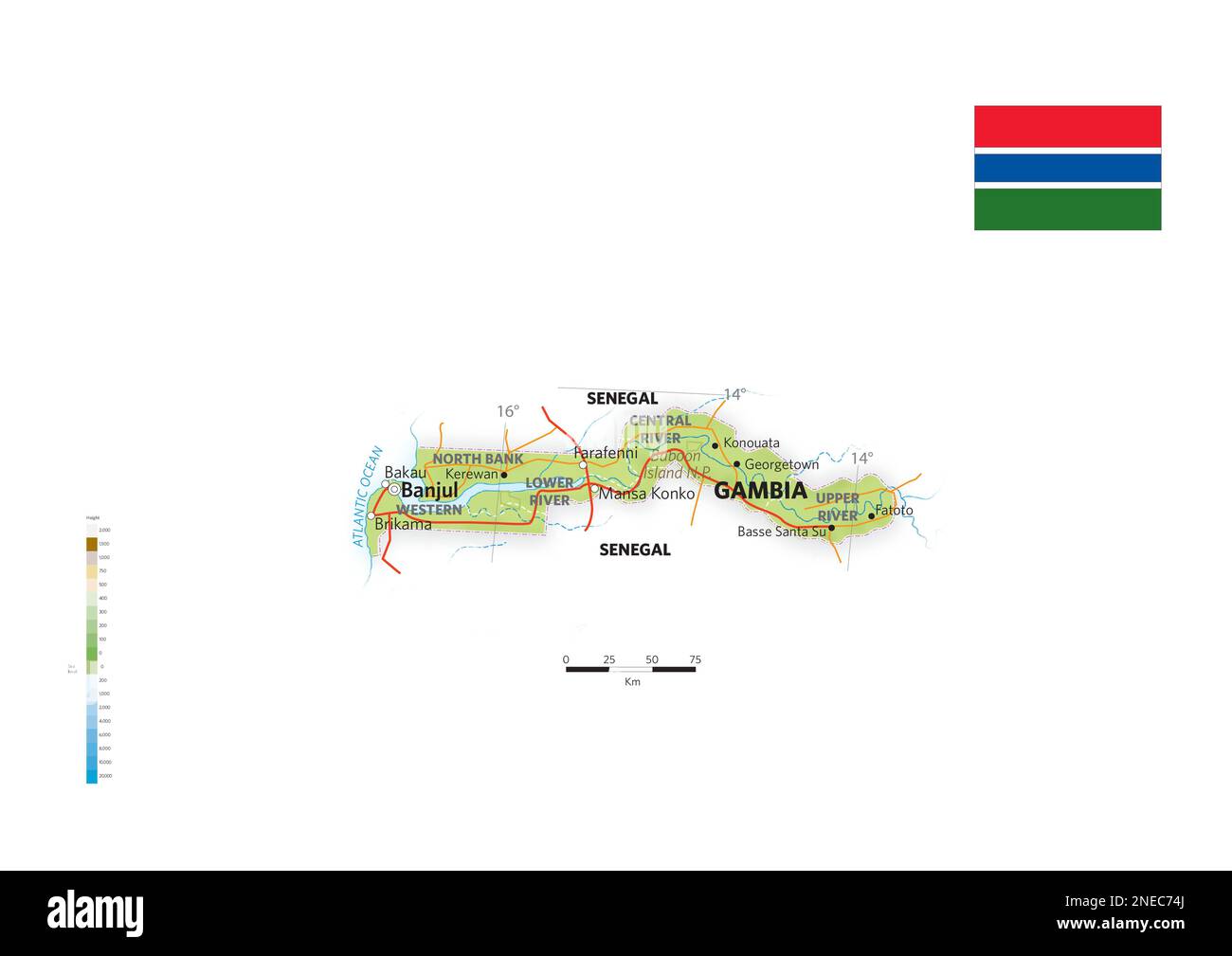 Physical and political map of Gambia. [Adobe Illustrator (.ai); 3507x2480] Stock Photo - Alamy