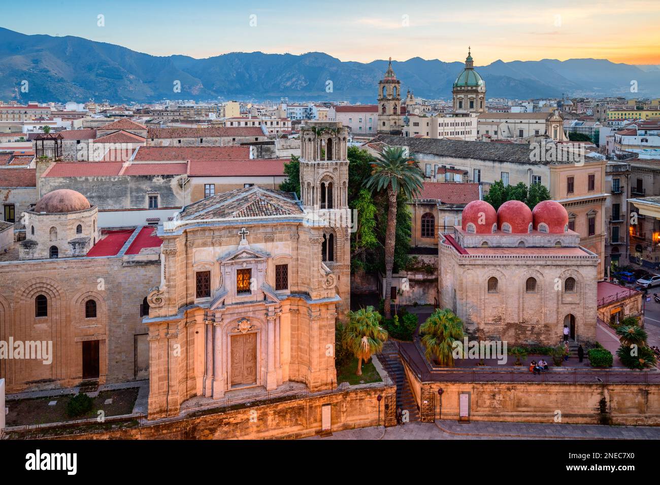 Palermo, Sicily town skyline with landmark towers at dusk Stock Photo ...
