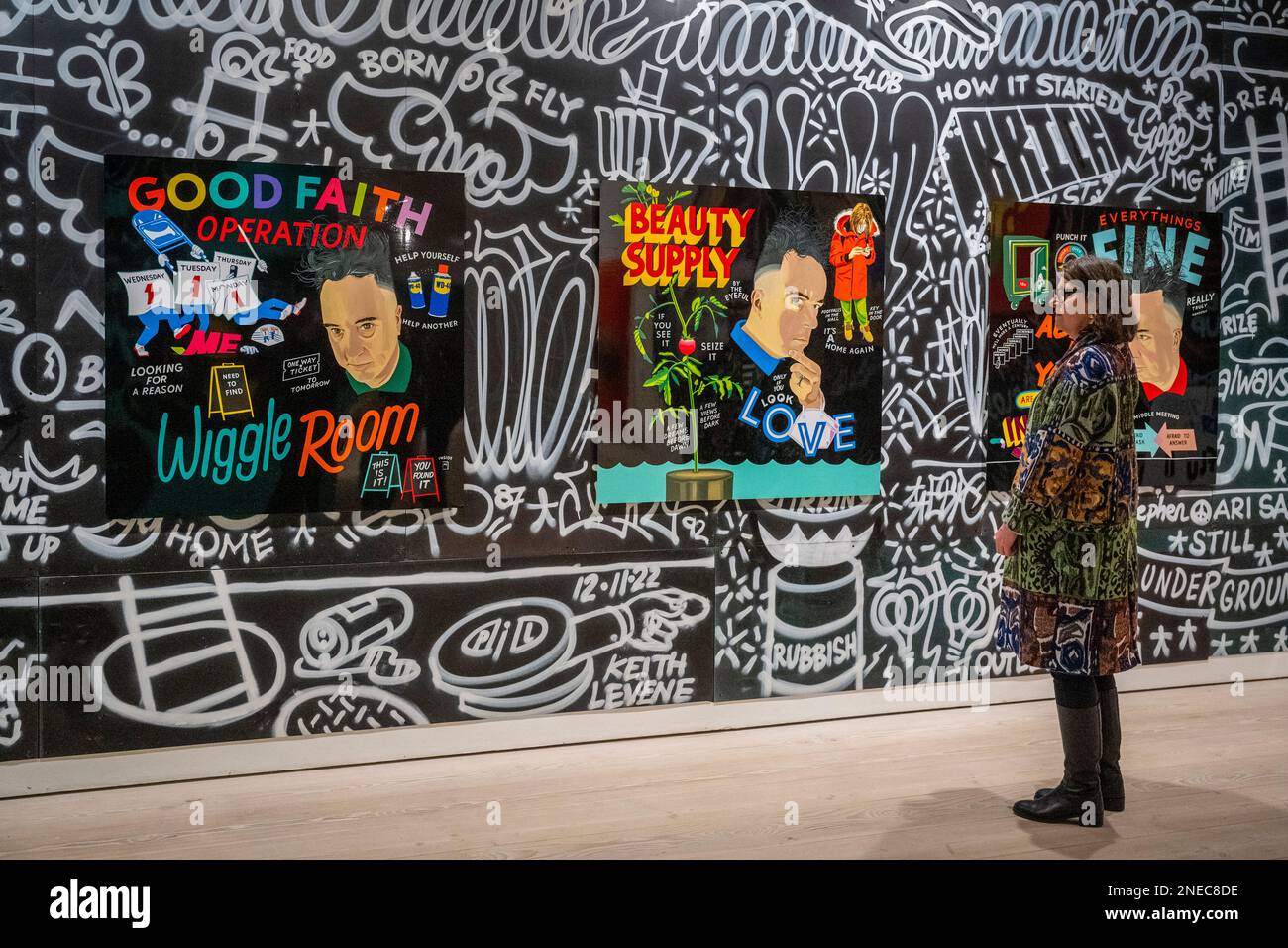 London, UK. 16 February 2023. A visitor views works by Stephen Powers ...