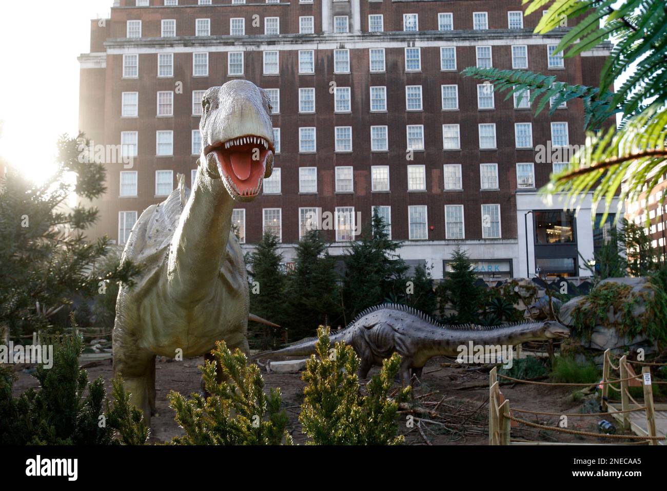 A pair of animatronic Diplodocus are seen on display at the interactive ...