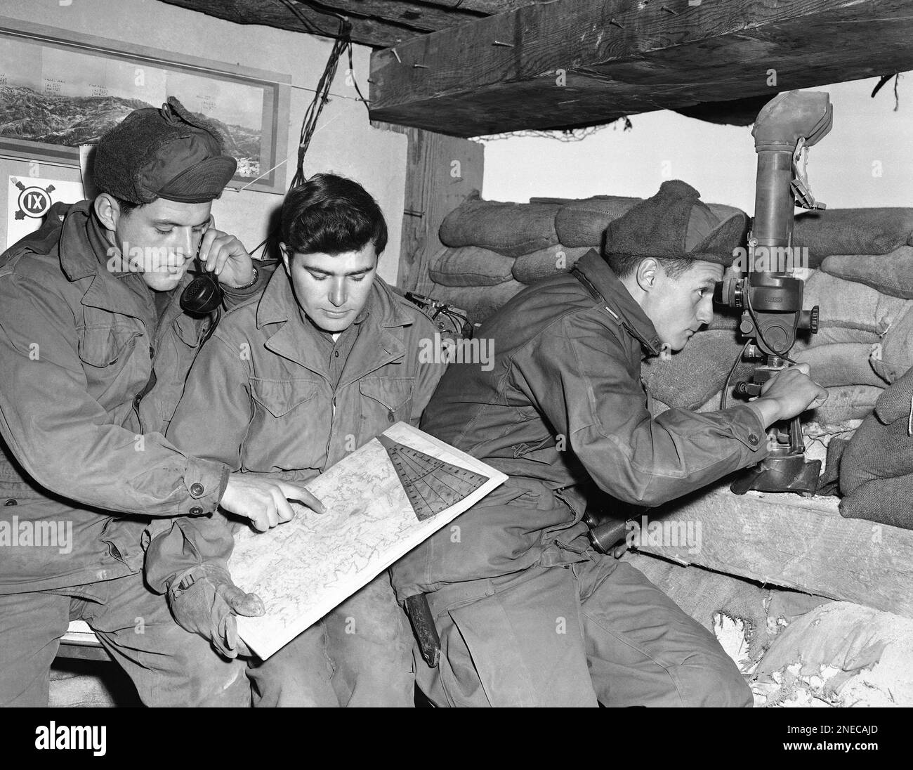 A forward observation team for artillery direct fire on enemy bunkers ...