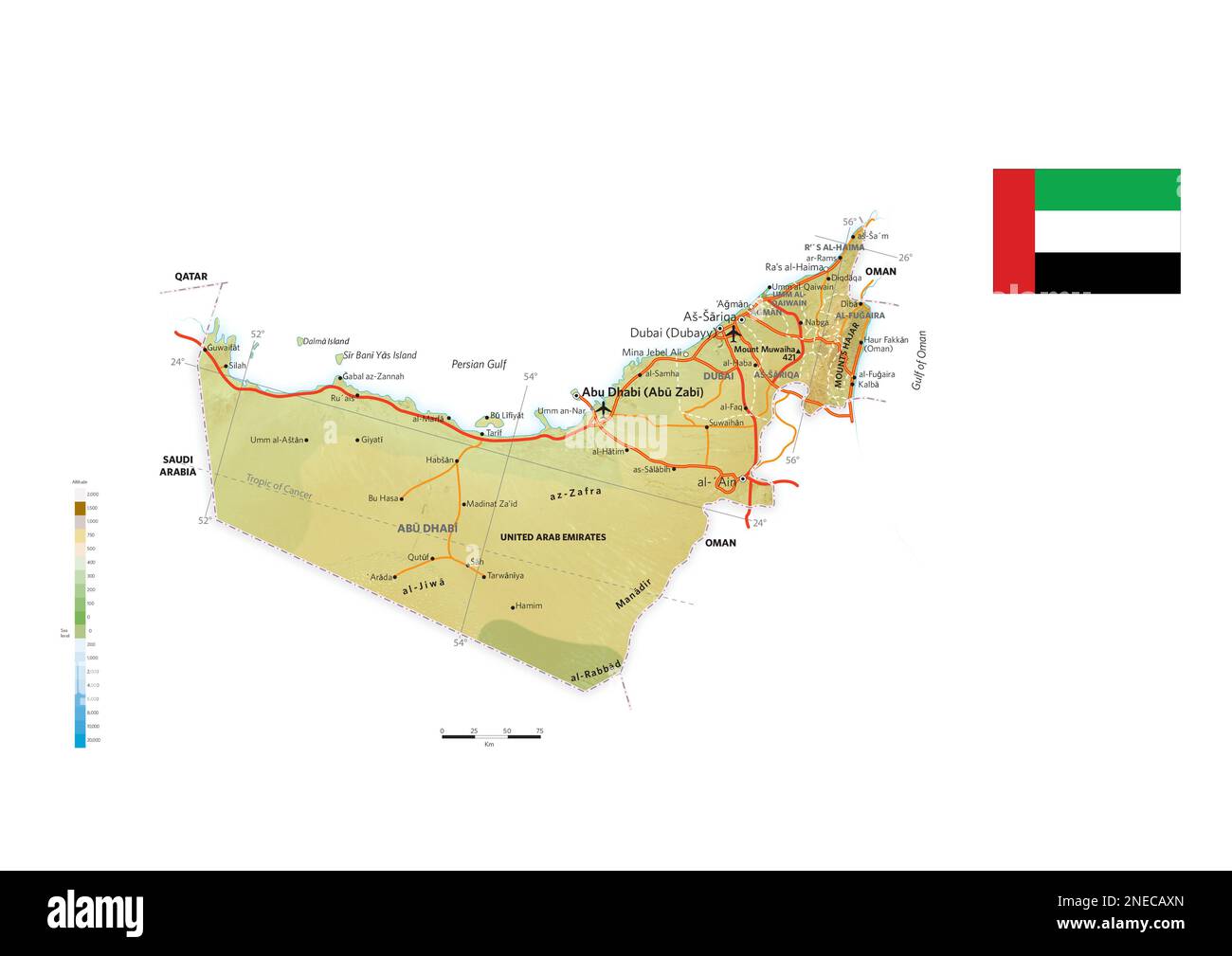Physical and political map of United Arab Emirates. [Adobe Illustrator ...