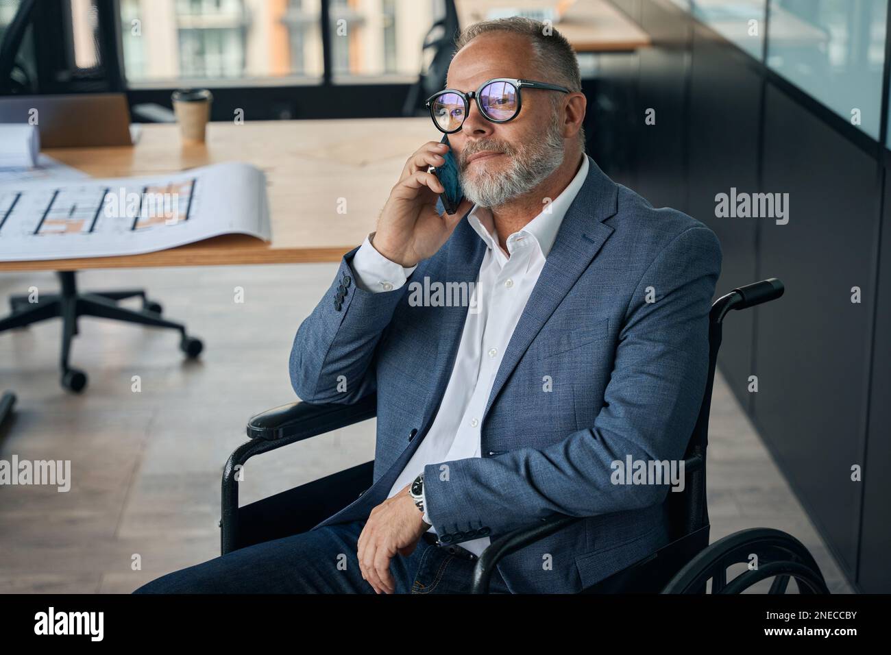 Calm man in glasses in wheelchair talking on mobile phone Stock Photo ...