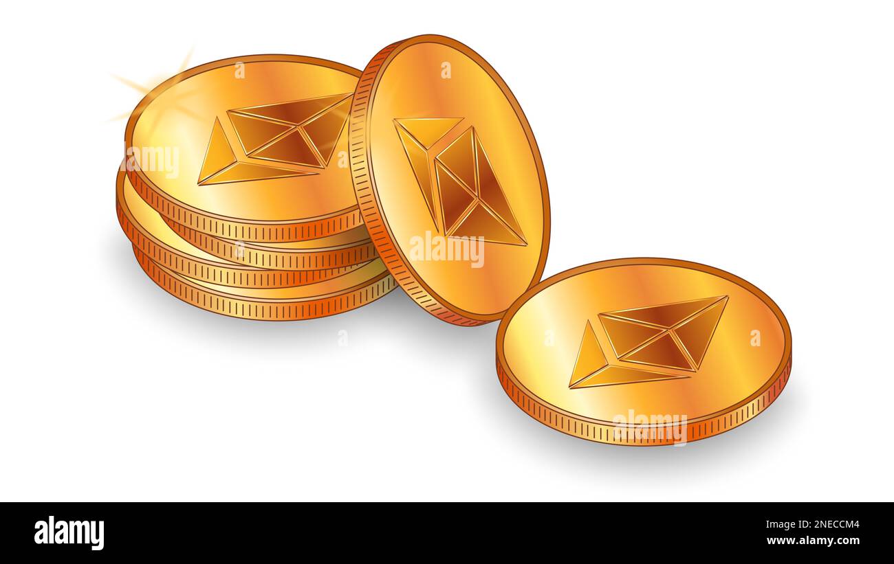 Set of gold coins in stack Ethereum ETH with shadow in isometric view ...