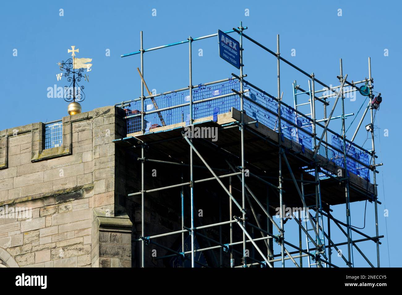 Scaffolding on St. James chapel, Westgate, Warwick, Warwickshire ...