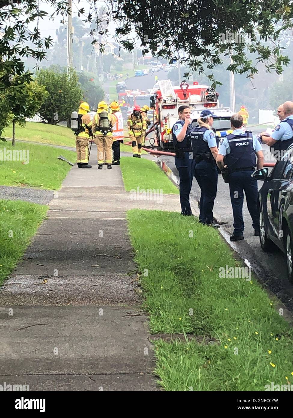 The FENZ firefighters and police officers near a burning house Stock ...