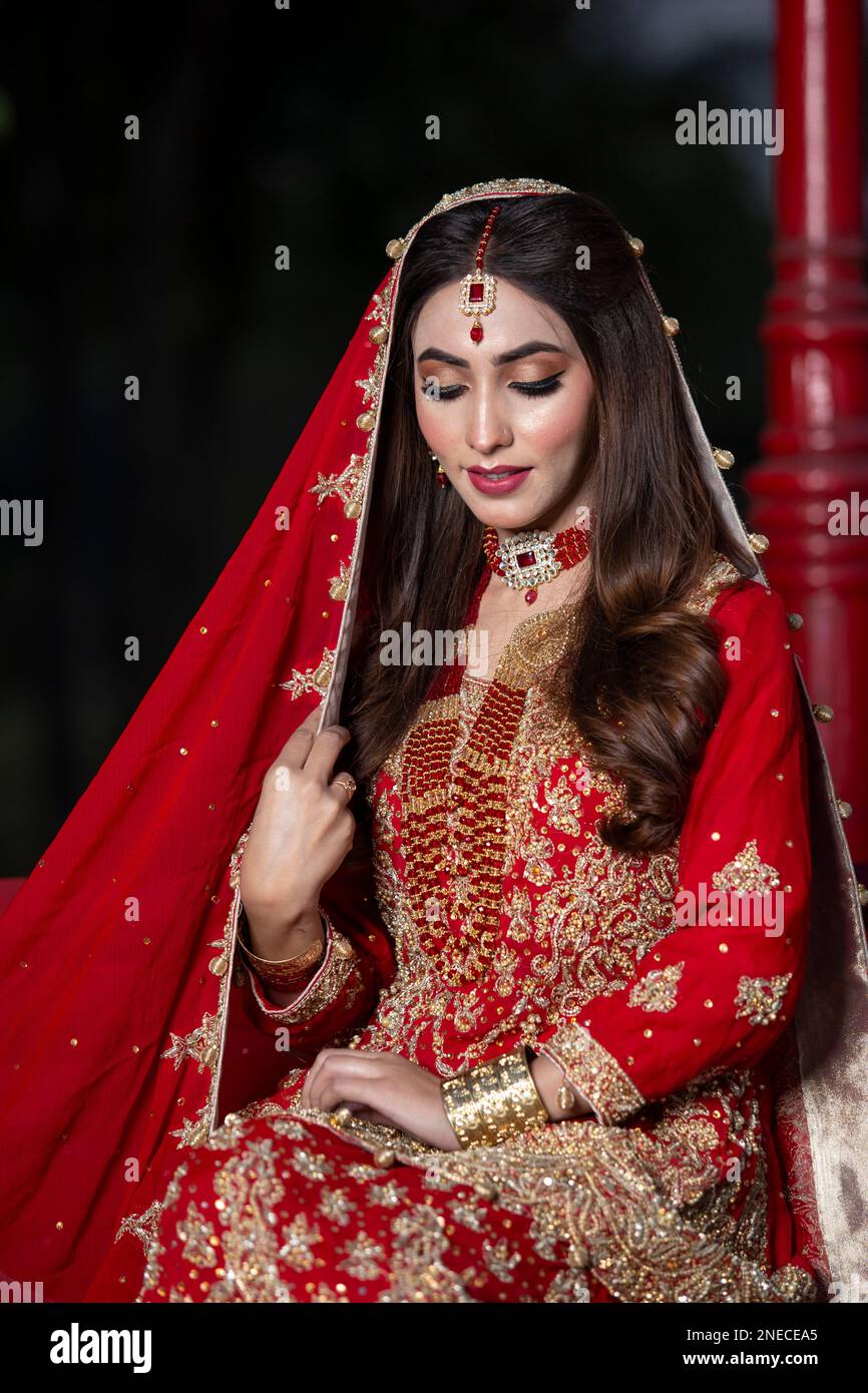 Pakistani. Indian Beautiful bride makeup for saloon shoot Stock Photo ...