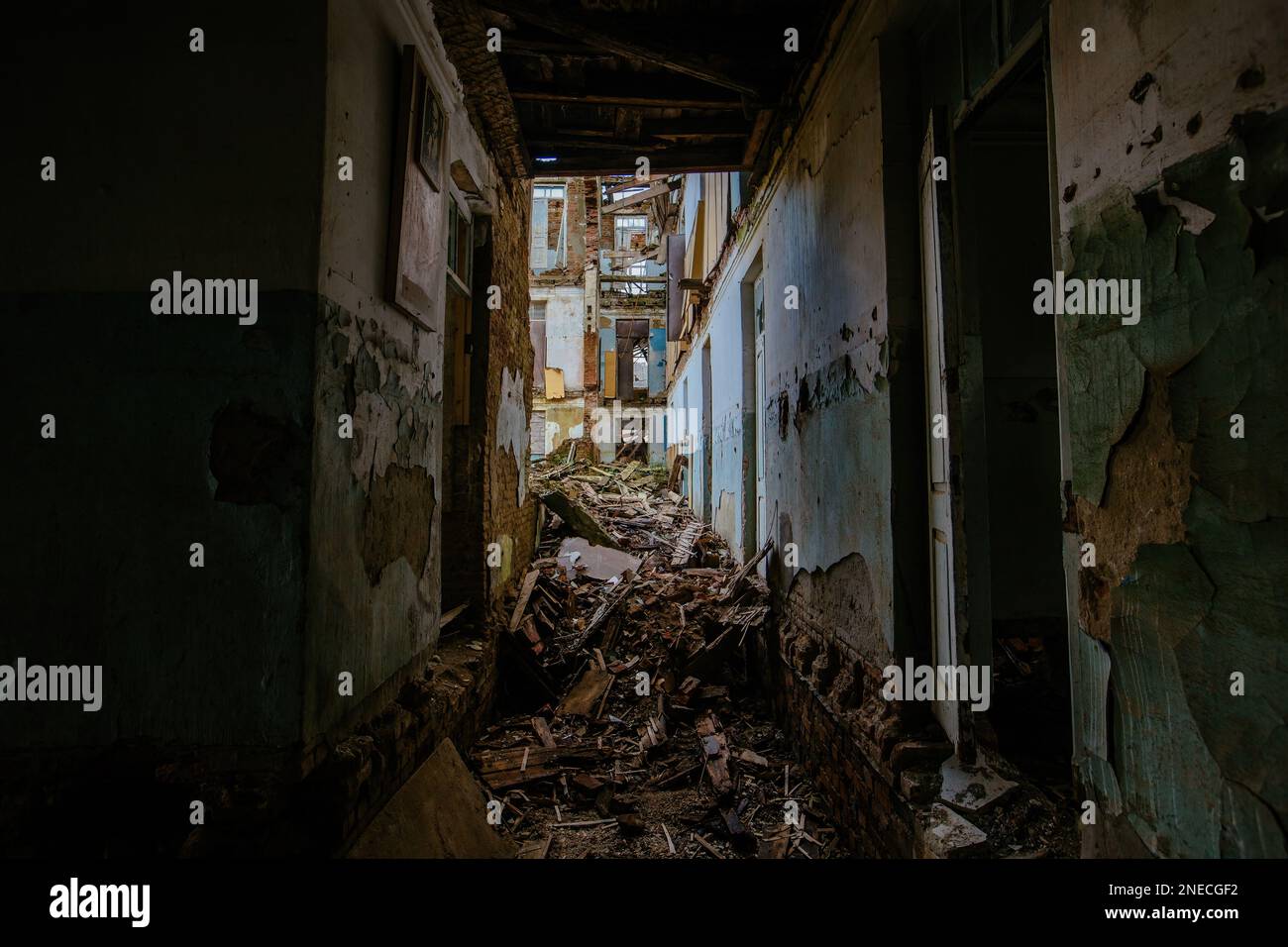 Ruined house interior destroyed by earthquake, bombing, war, explosion ...