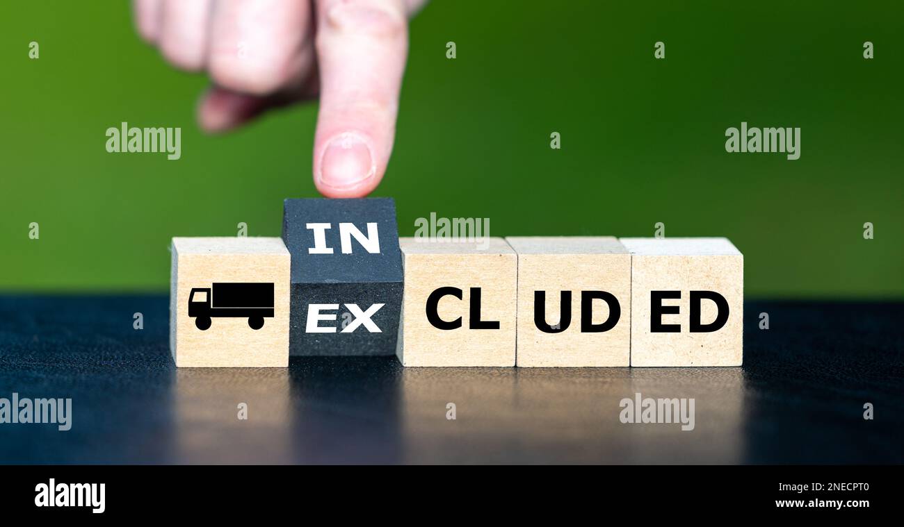 Symbol for a free delivery. Hand turns wooden cube and changes the word ...