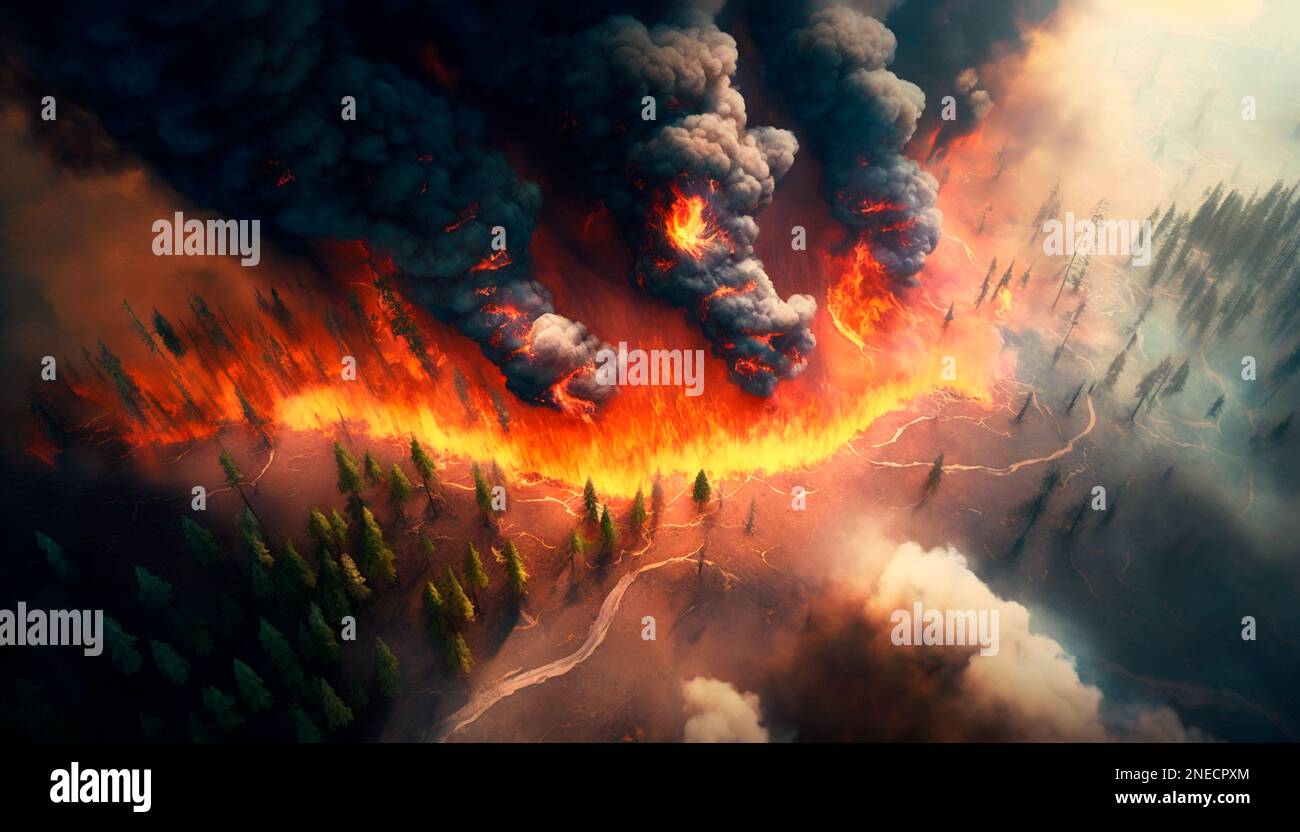 strong fire with sSmoke in a pine forest. Global warming, natural ...