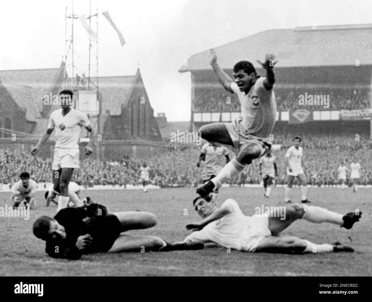 Brazilian forward Alcindo leaps over Bulgarian defender Dimitar Penev ...