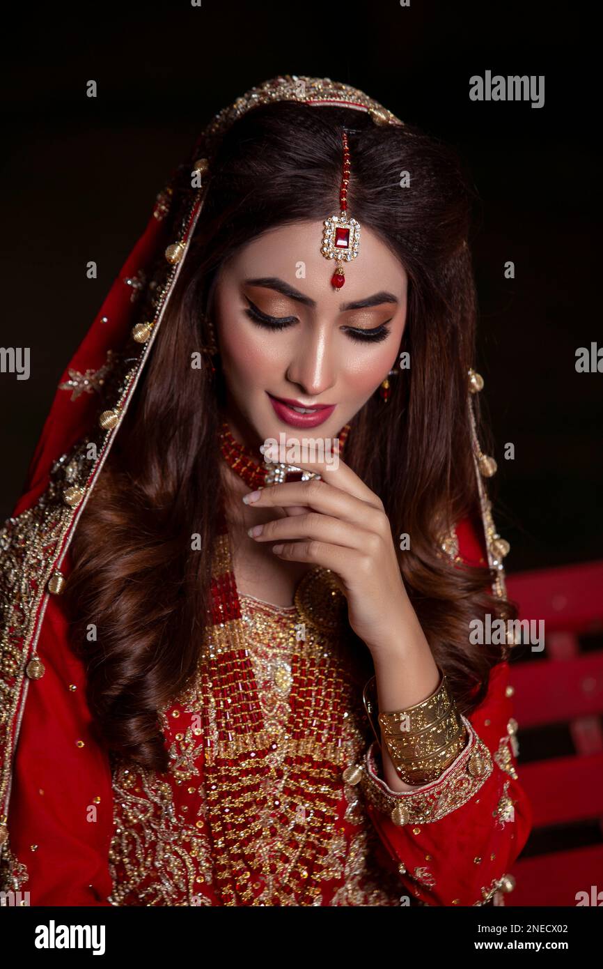 Pakistani. Indian Beautiful bride makeup for saloon shoot Stock Photo ...