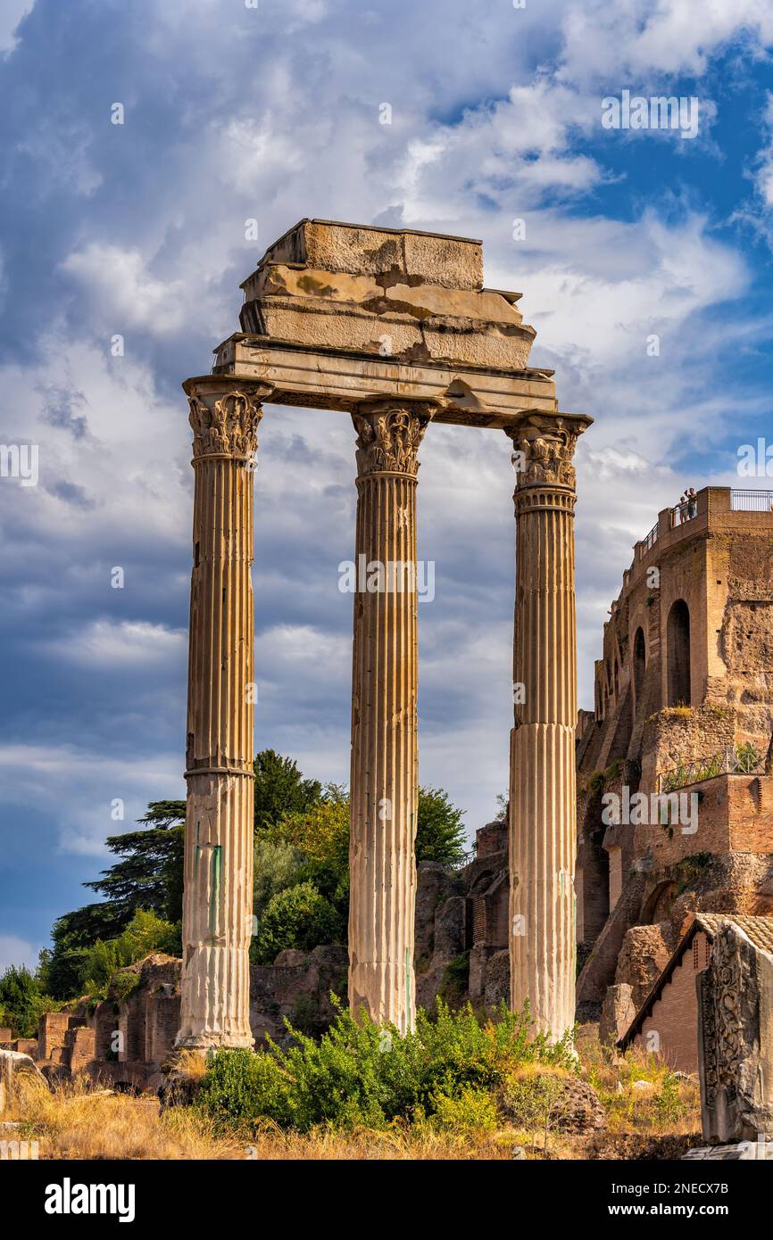 The Temple of Castor and Pollux (Italian: Tempio dei Dioscuri) ancient columns in the Roman ...