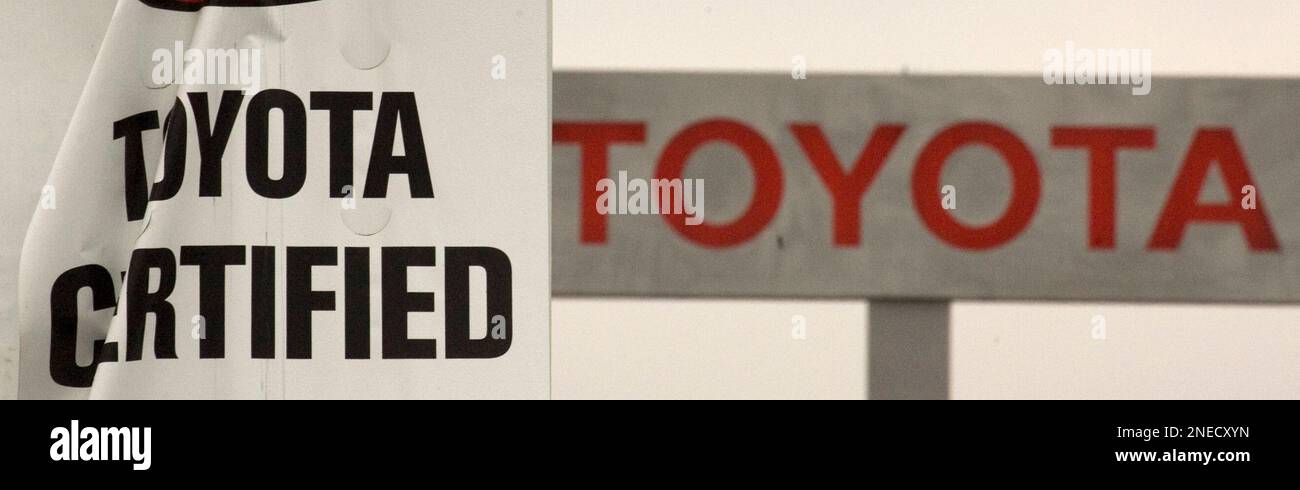 Toyota signs are shown at a dealership in Portland, Ore., Monday, Feb ...