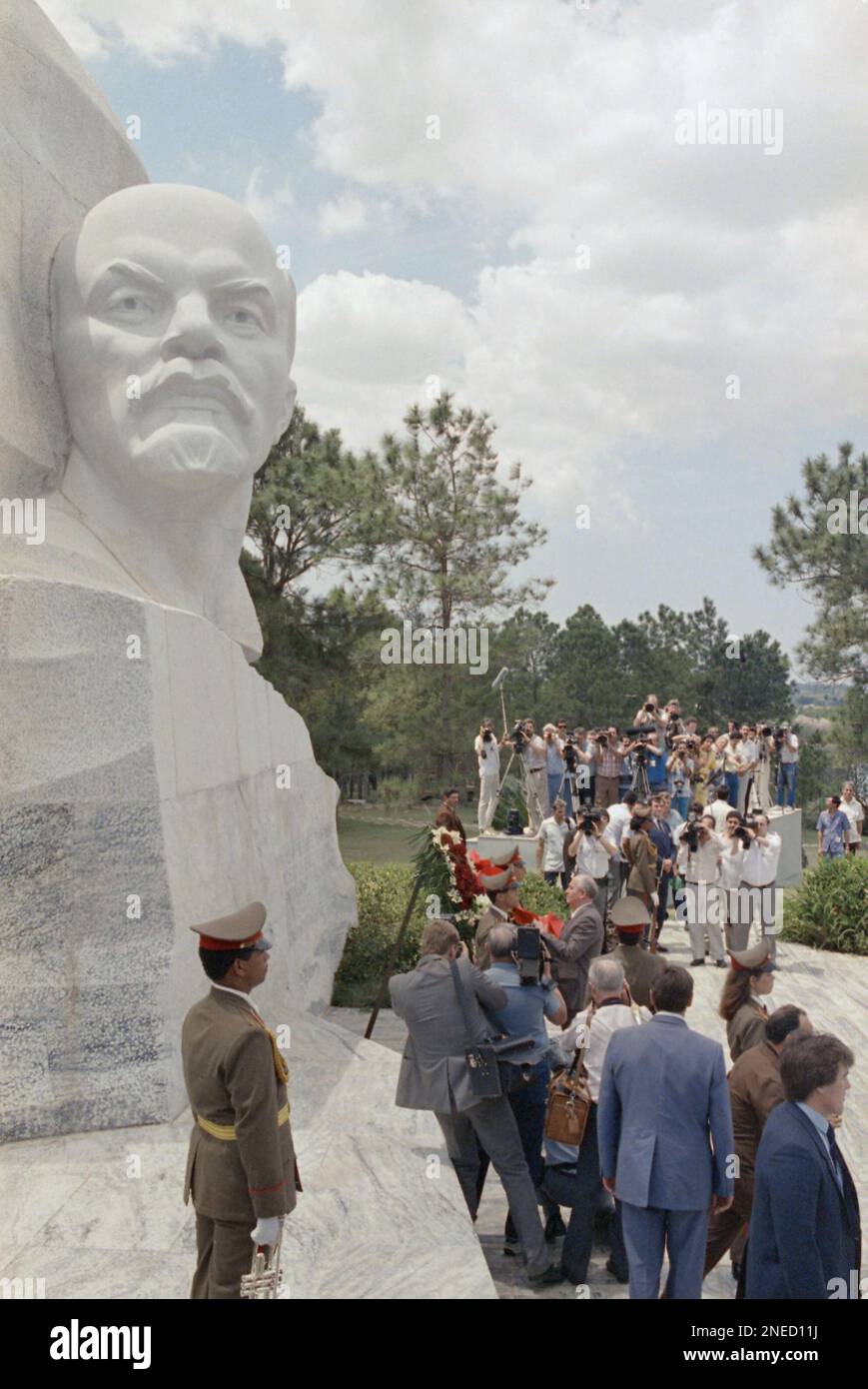 Soviet President Mikhail Gorbachev lays a wreath at the Lenin Statue on ...