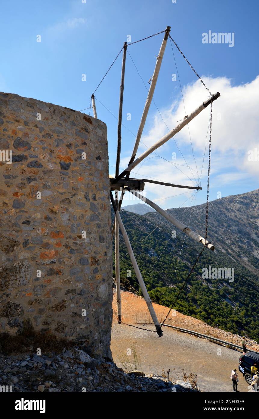 Greece, Crete, old venetian windmills at the Ambelos pass at the ...
