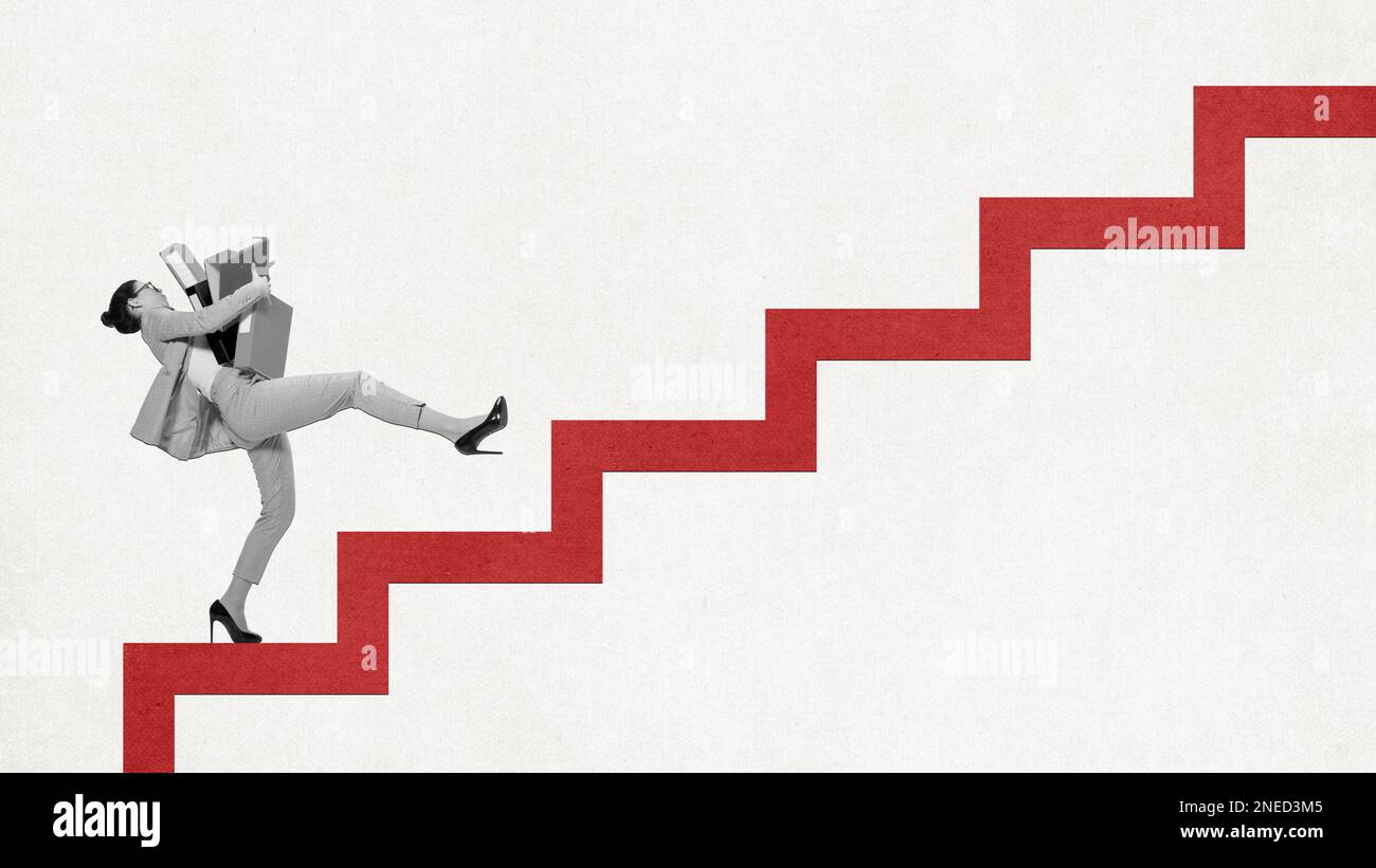 Contemporary art collage. Hard-working woman, employee holding folders ...