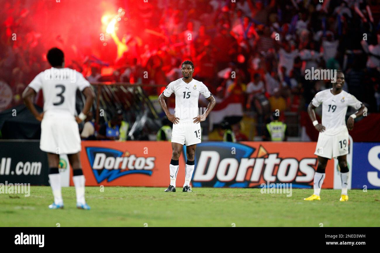 Ghana's Asamoah Gyan, left, Isaac Vorsah, center and Emmanuel Agyemang ...