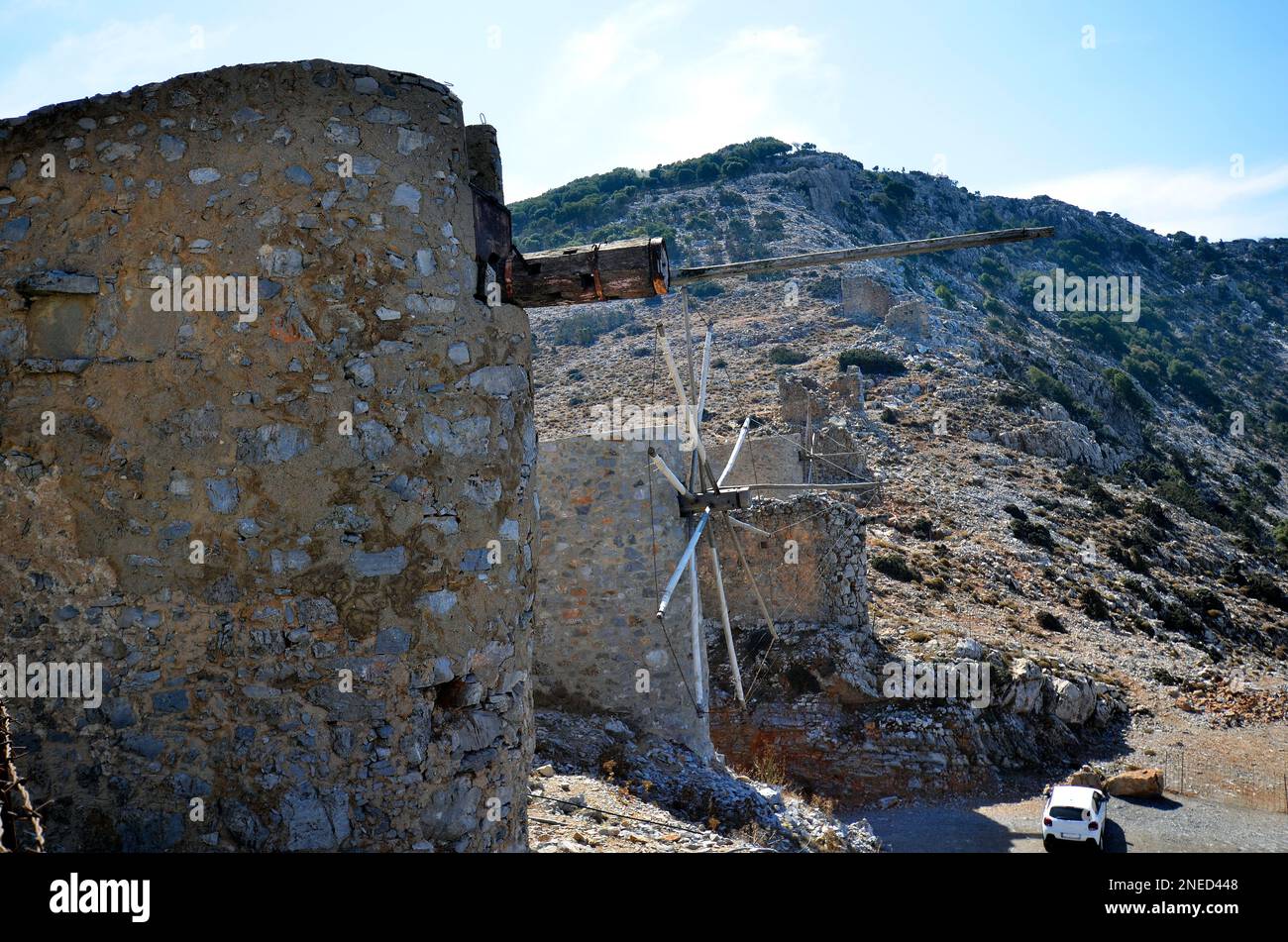 Greece, Crete, old venetian windmills at the Ambelos pass at the ...