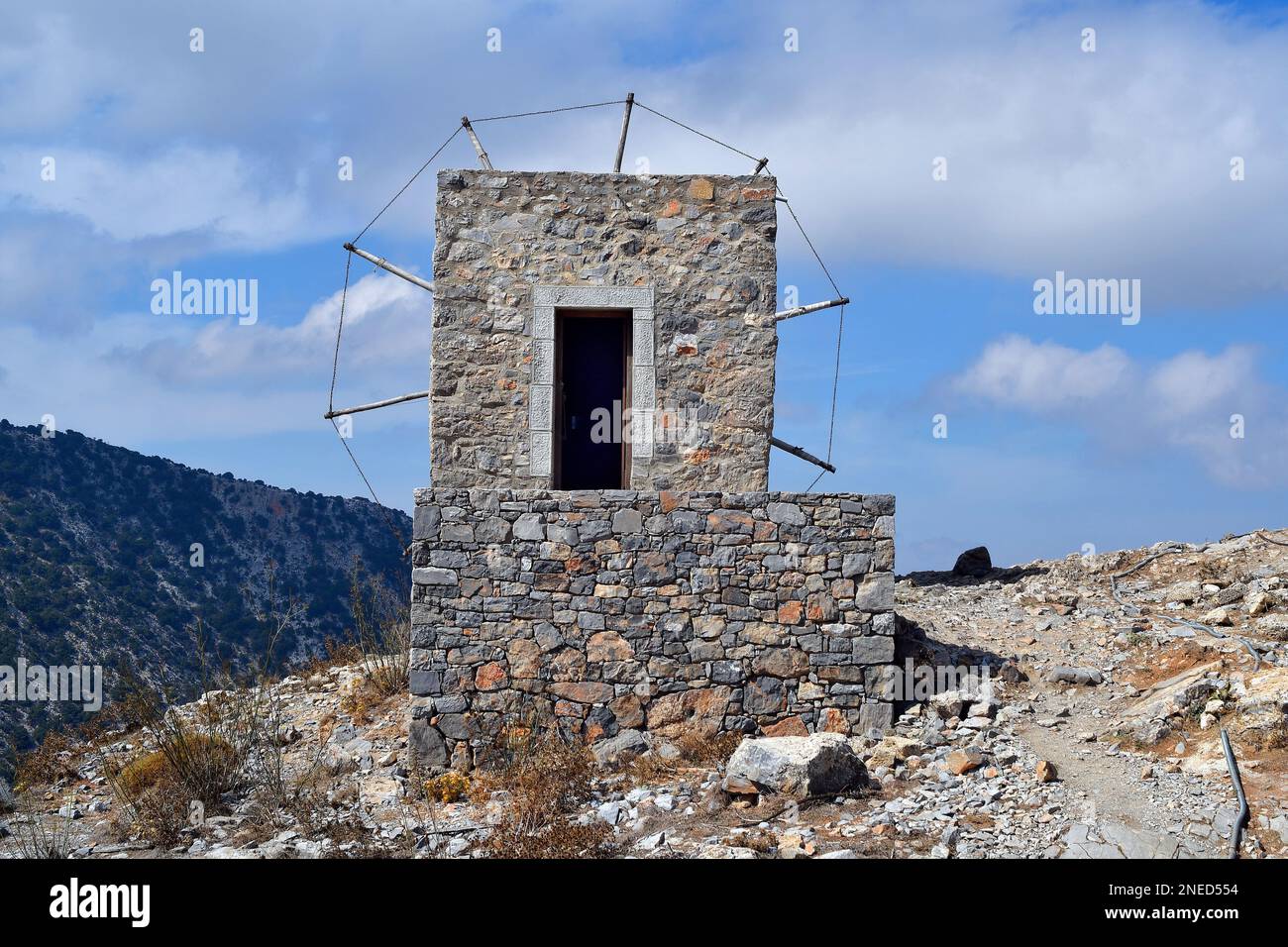Greece, Crete, old venetian windmills at the Ambelos pass at the ...
