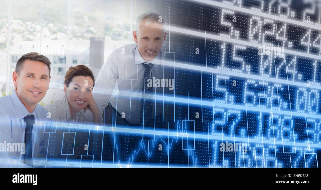 Composition of happy diverse business team in meeting over interface ...