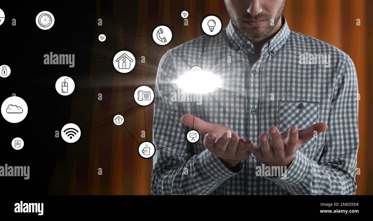 Composition of businessman touching screen with digital online icons ...