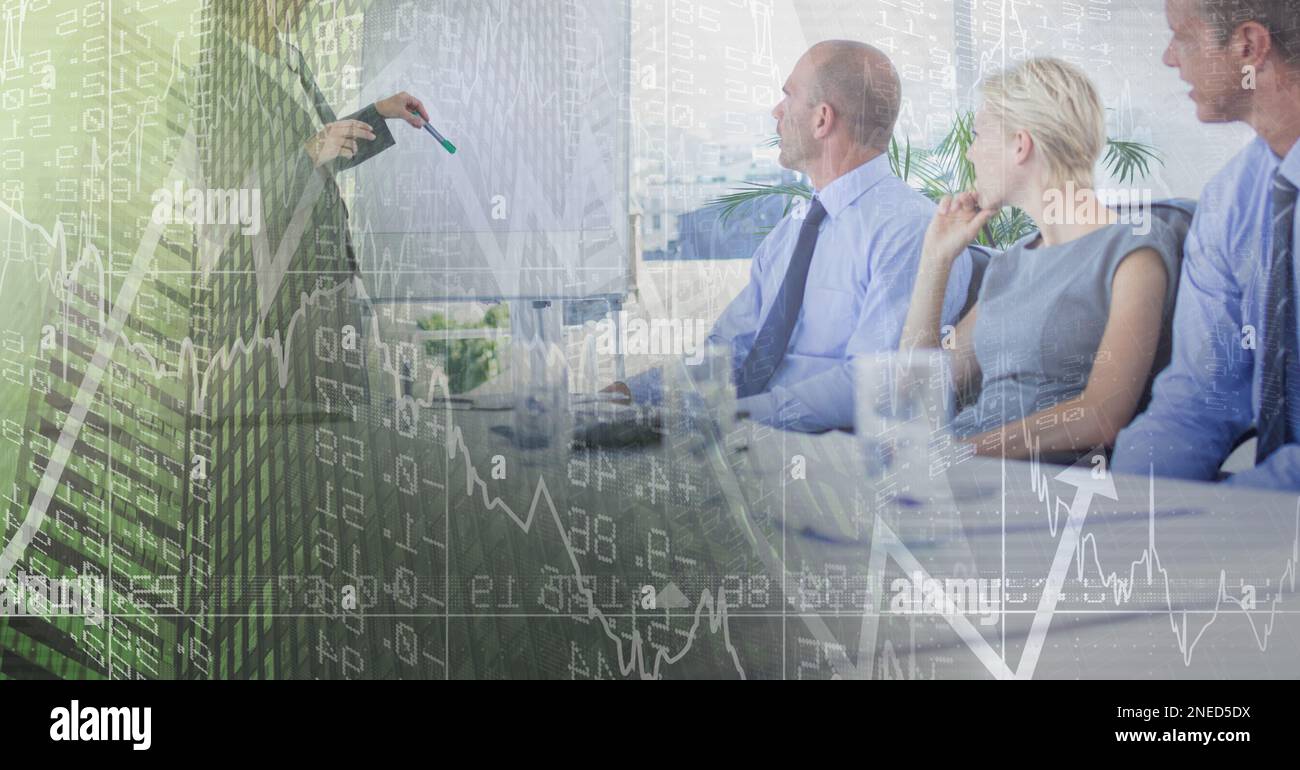 Composition of happy diverse business team in meeting over interface ...