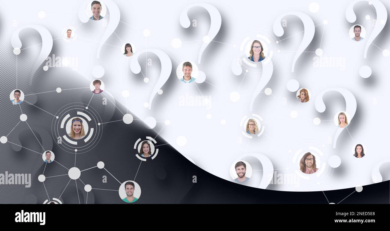 Composition of network of people photographs and question marks on ...