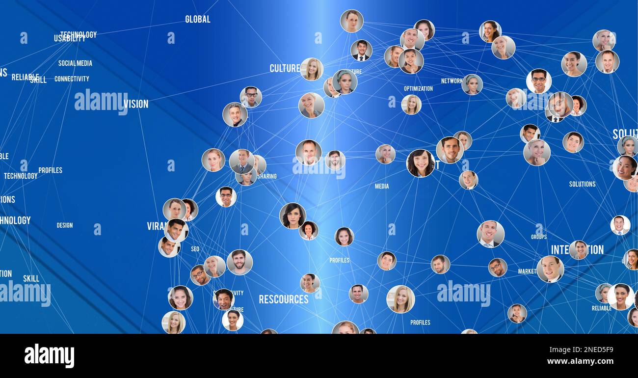 Composition of people's photographs, business text with network of ...