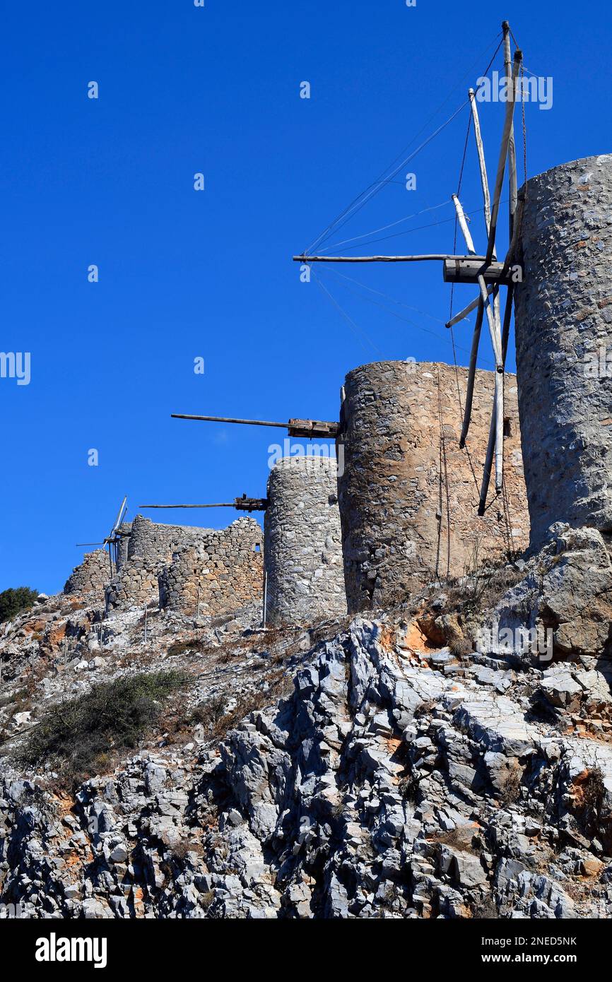 Greece, Crete, old venetian windmills at the Ambelos pass at the ...