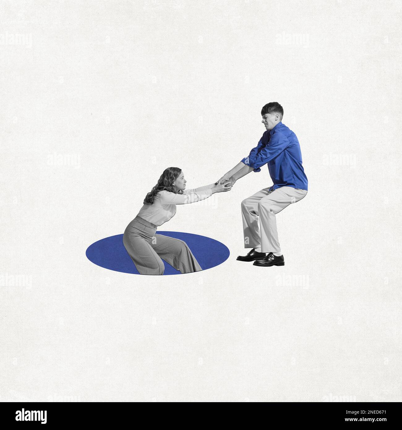 Contemporary art collage. Man, employee helping woman to reach ...