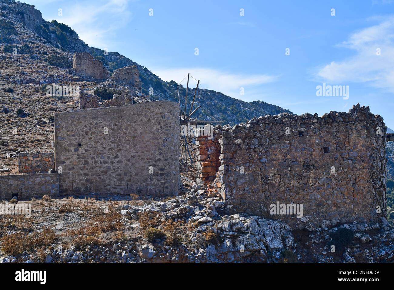 Greece, Crete, old venetian windmills at the Ambelos pass at the ...