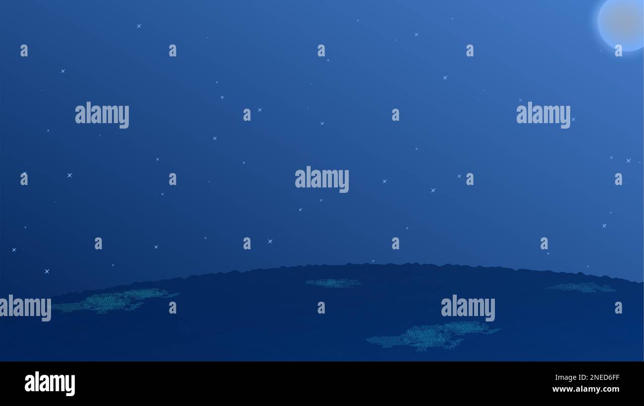 Blue gradient sky with white stars, planet with cities and moon. Vector ...