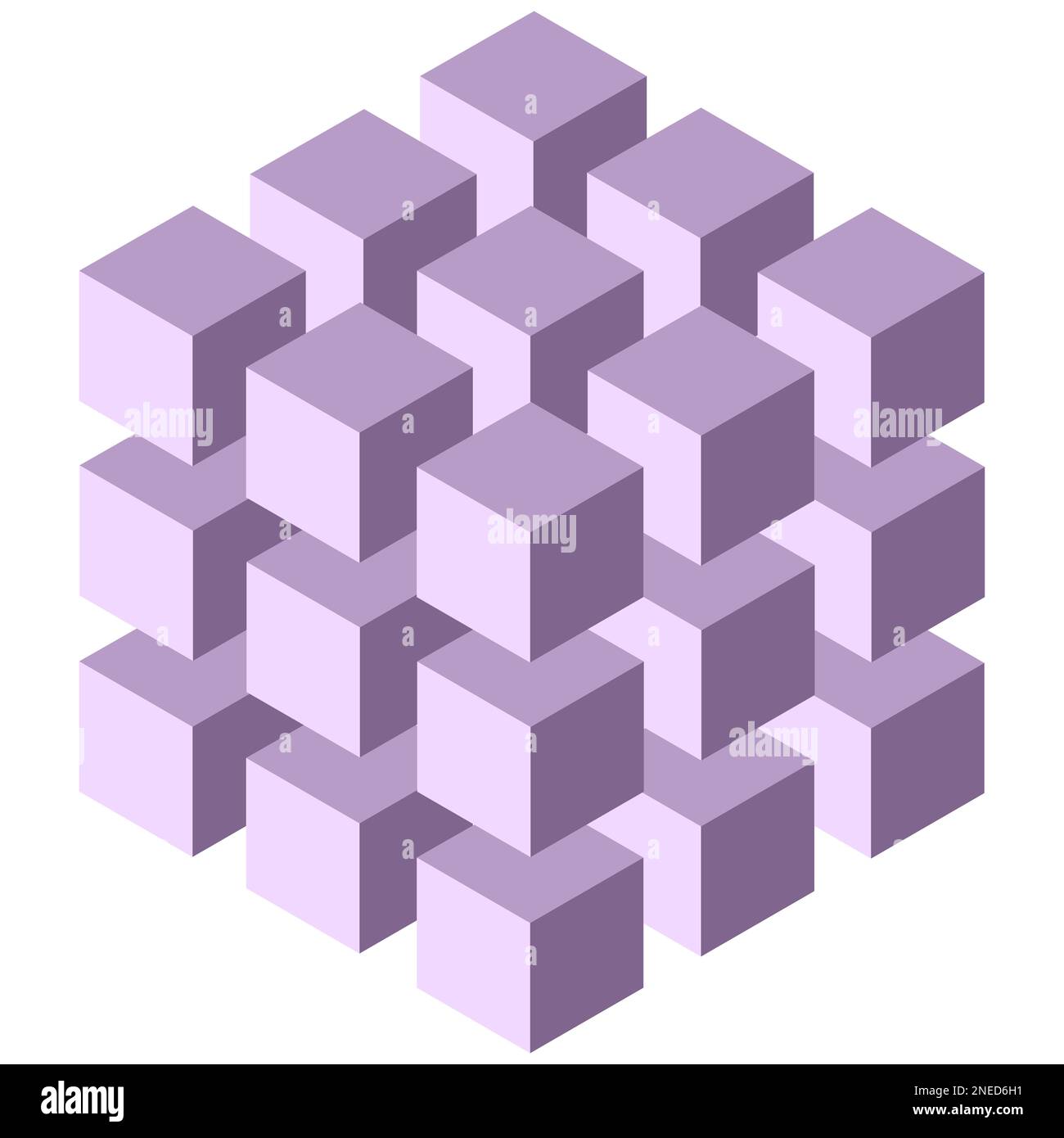 Violet isometric cube consisting of many small cubes isolated on white ...