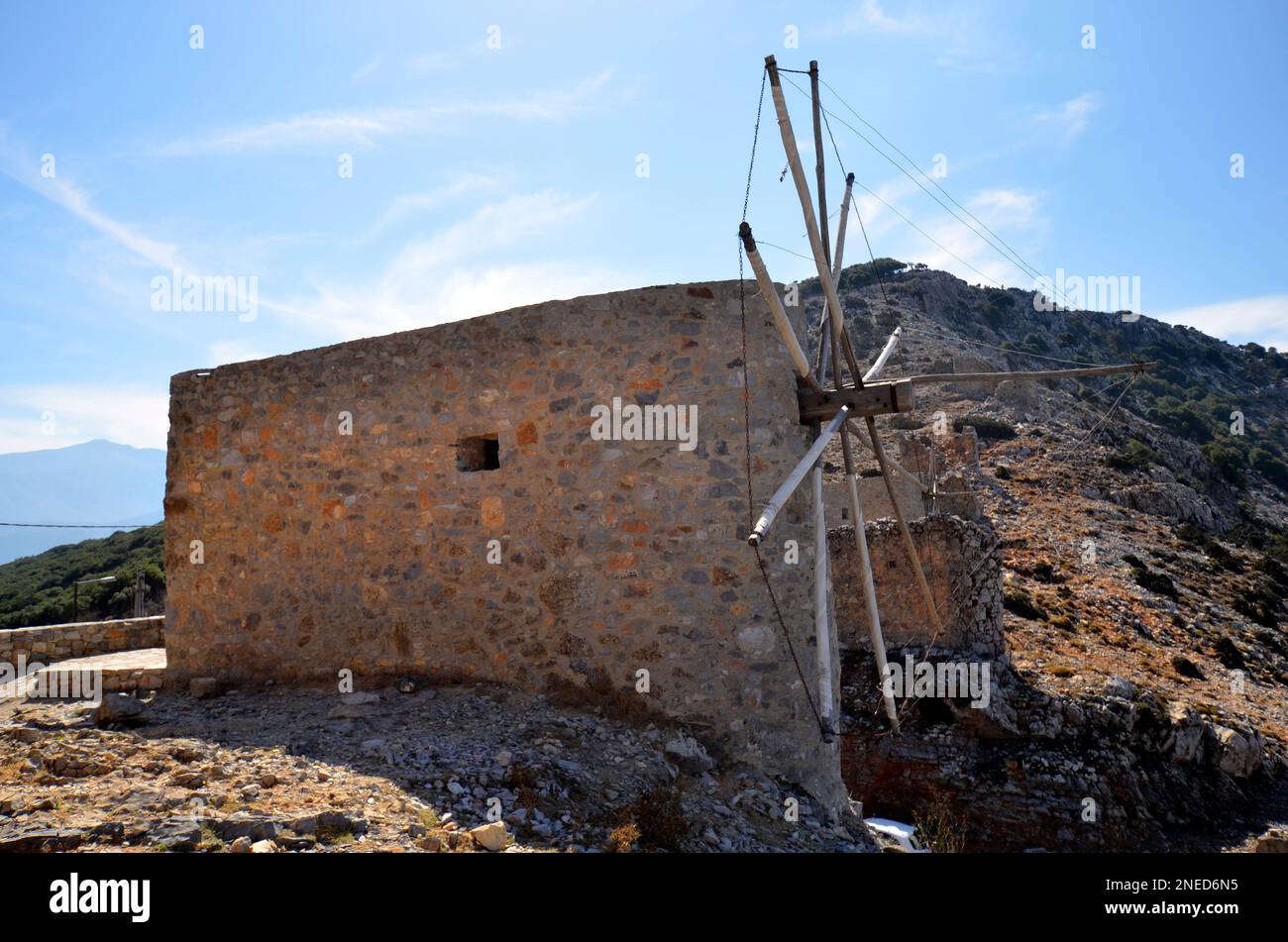 Greece, Crete, old venetian windmills at the Ambelos pass at the ...