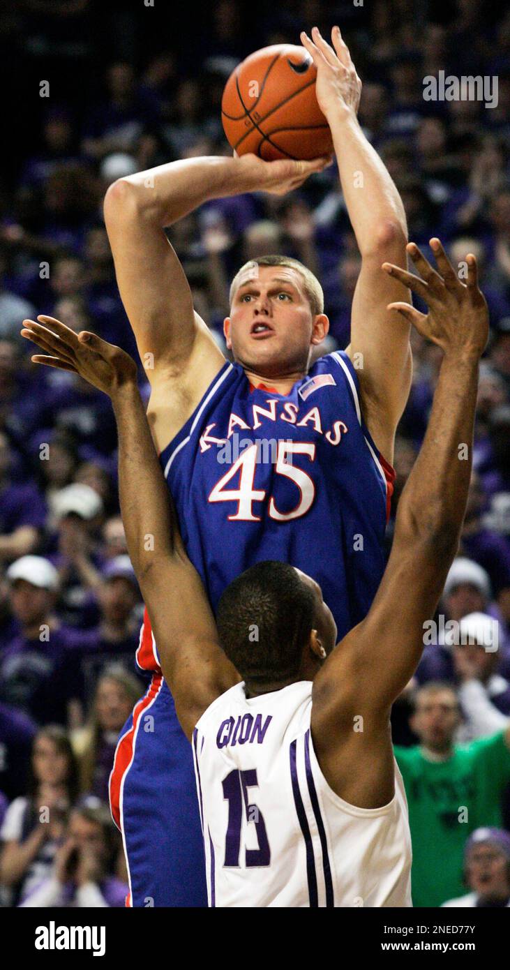Kansas center Cole Aldrich (45) shoots over Kansas State forward Luis ...