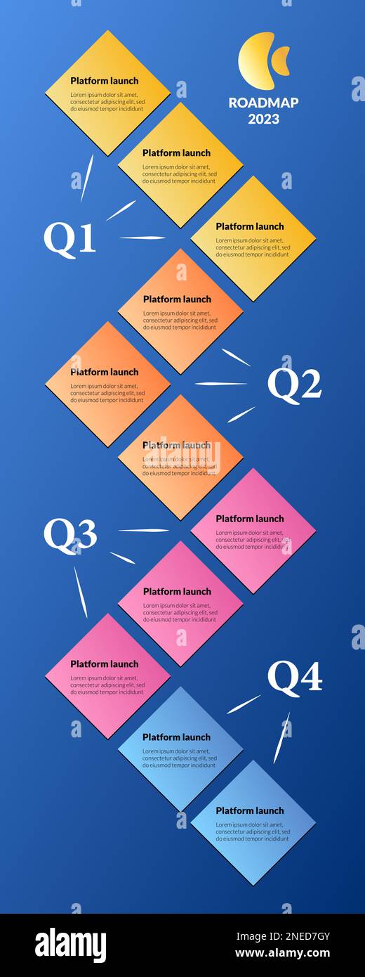 Blue modular vertical quarterly geometric roadmap with colorful ...