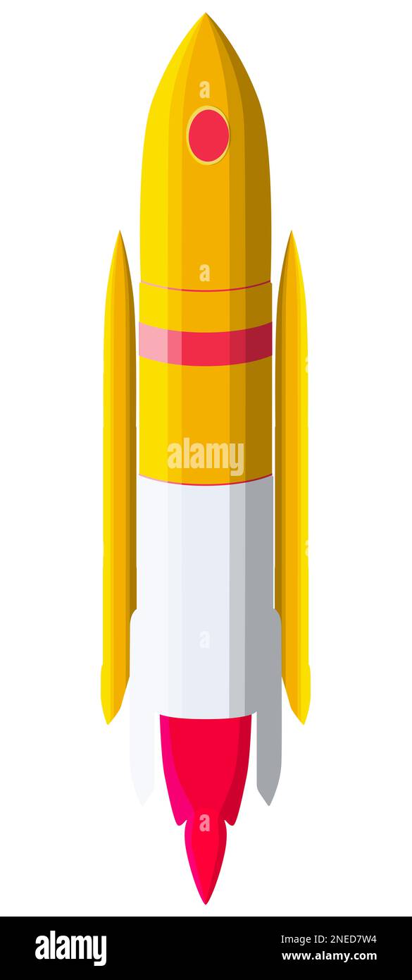 Cartoon spaceship with yellow hull and red flames isolated on white ...