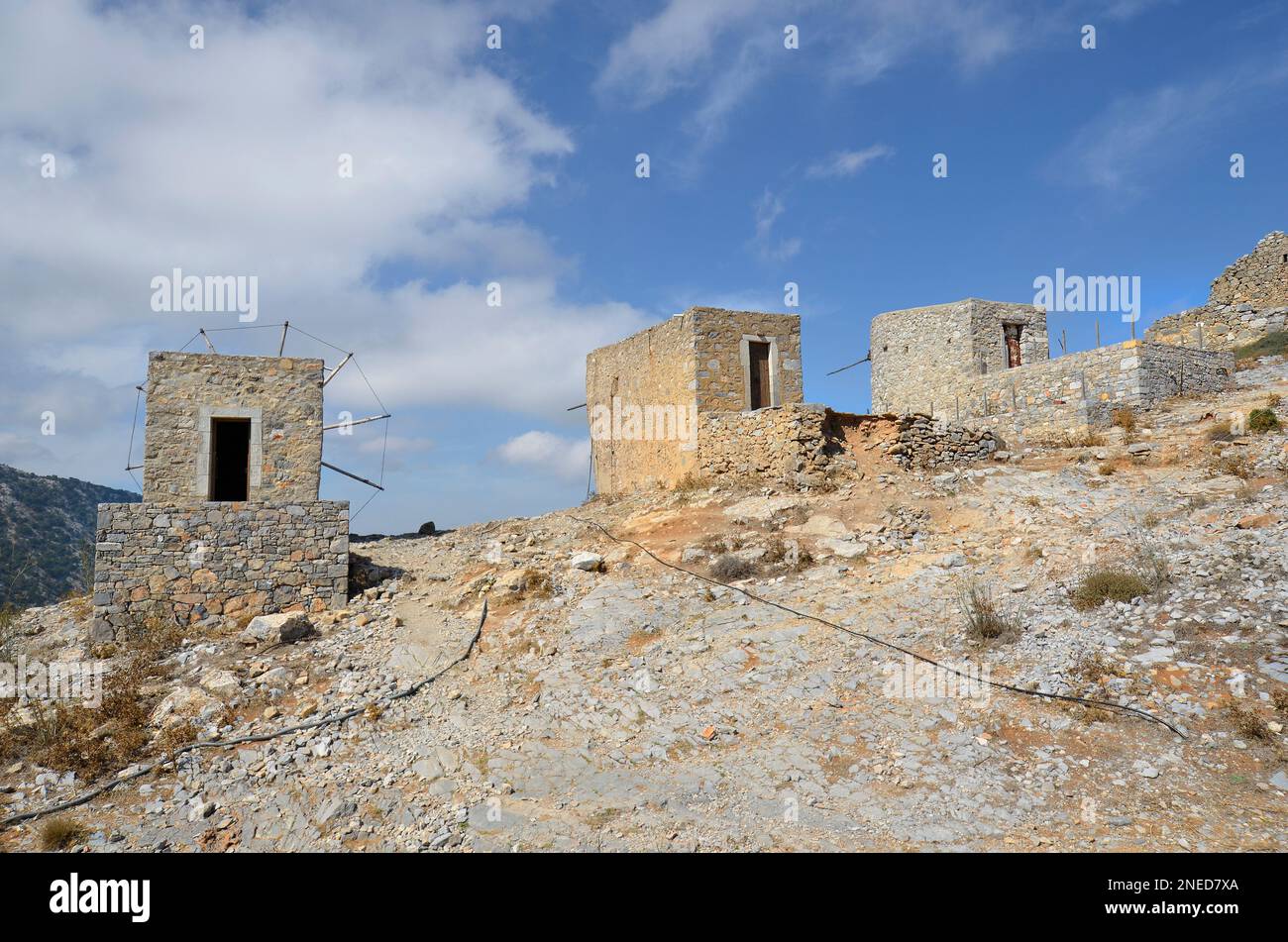 Greece, Crete, old venetian windmills at the Ambelos pass at the ...