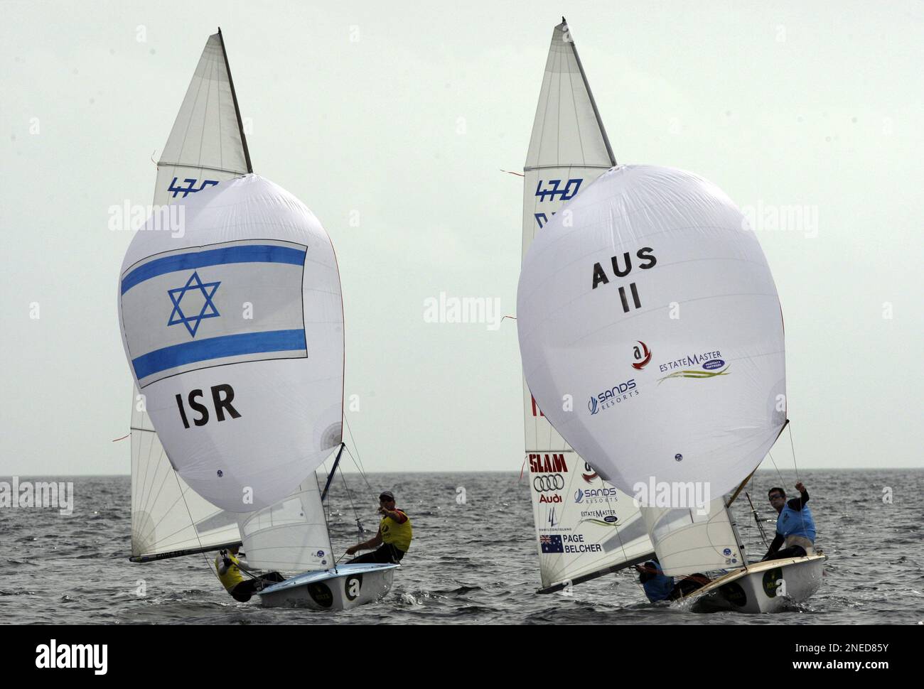Boats from Israel and France compete in the men's 470 class final ...