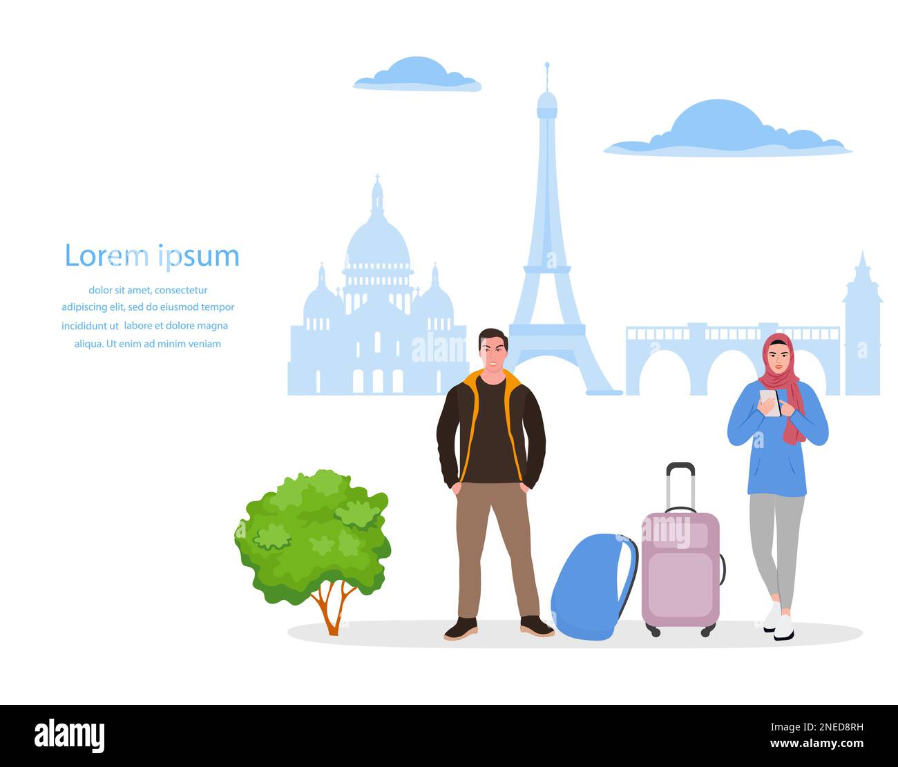 Vector illustration Man, muslim woman with backpack, suitcase use cell ...