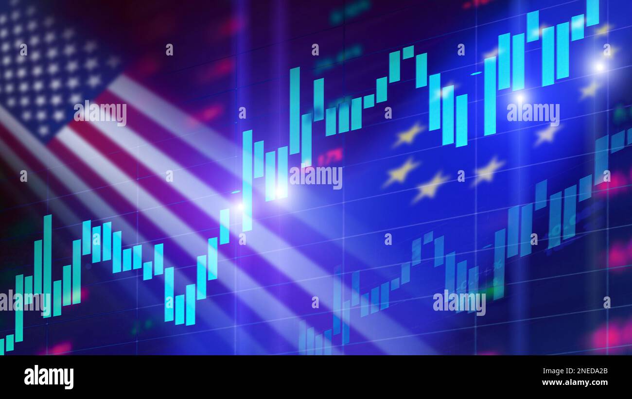 A Stock market background with USA and European Union Flags and Rising ...